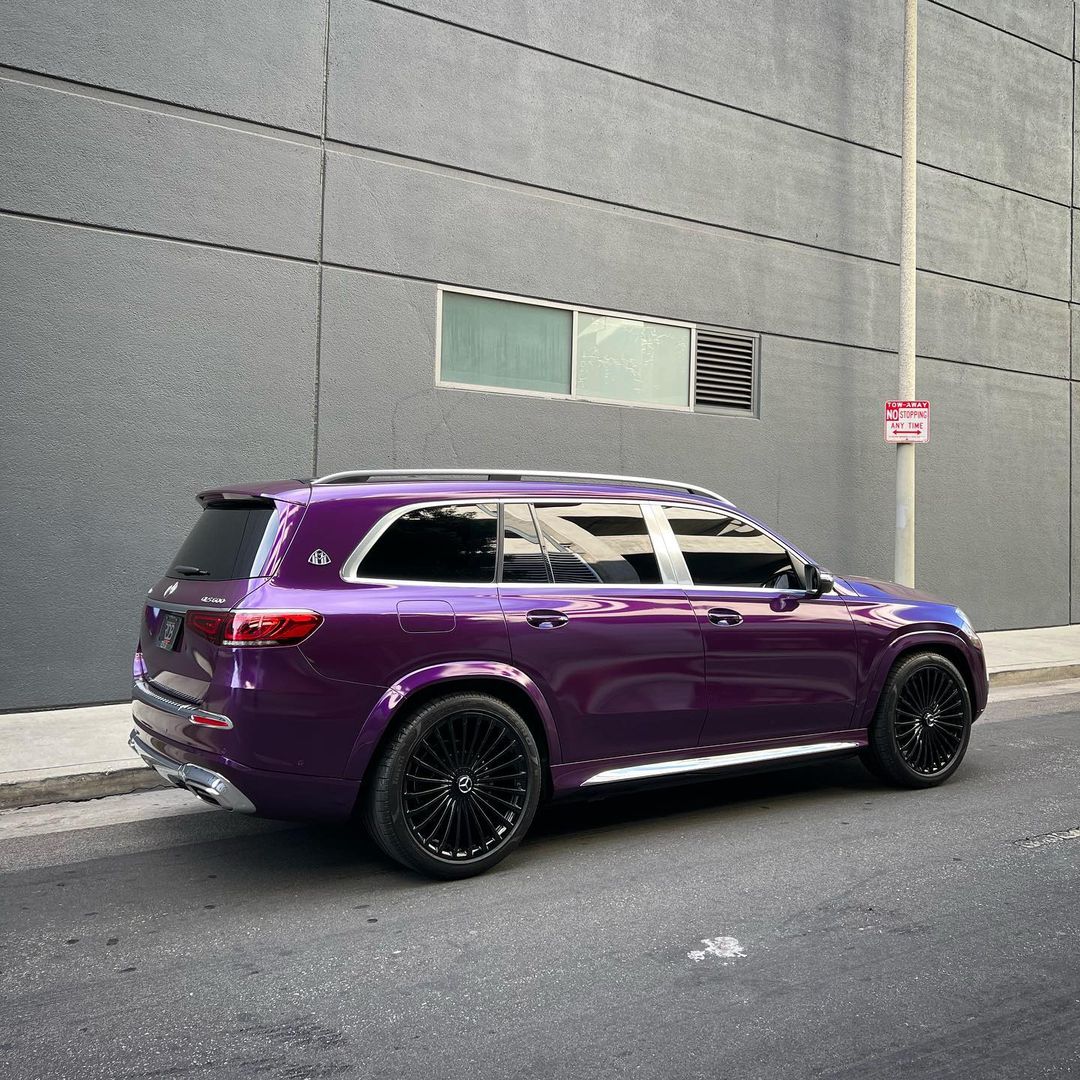 Get Em High » Tyga’s purple Maybach GLS600 Mercedes wrapped